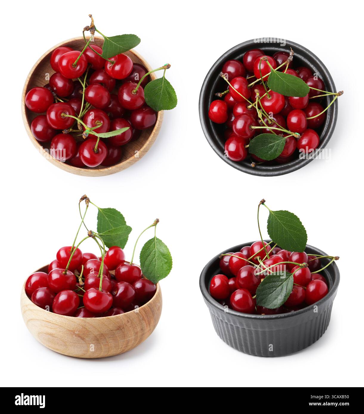 Fresh ripe cherries in bowls isolated on white, collage. Top and side ...