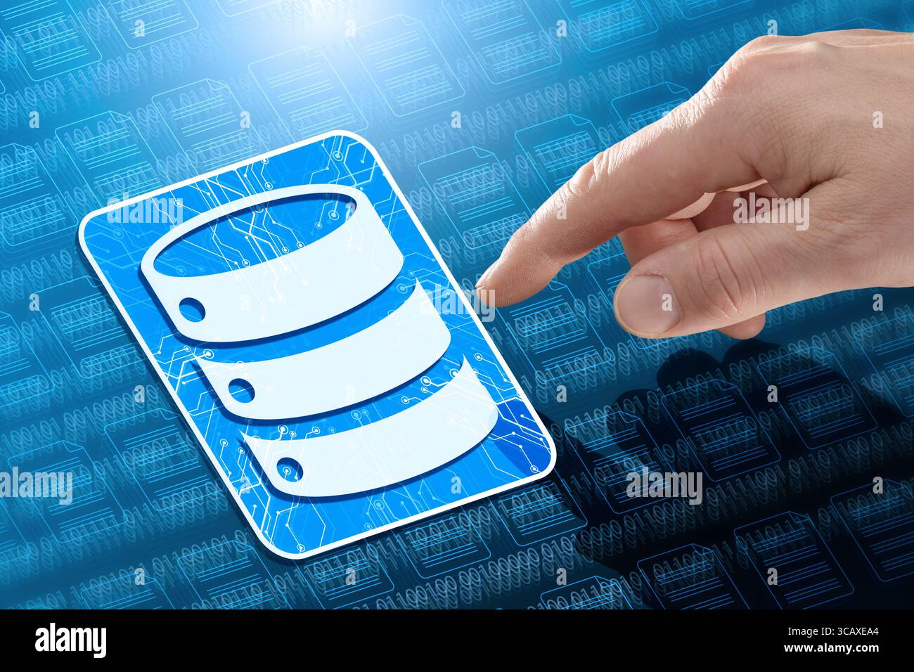 A hand touches a glowing database icon, representing advanced data ...