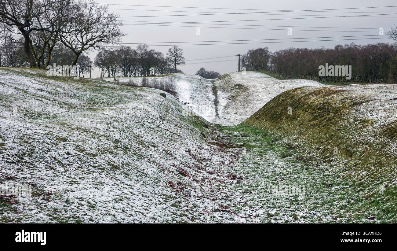 Winter scene of the ditches and ramparts of the Antonine Wall at Rough ...