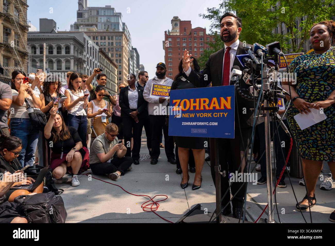 Democratic mayoral candidate Zohran Mamdani speaks during a press conference outside the Jacob K ...