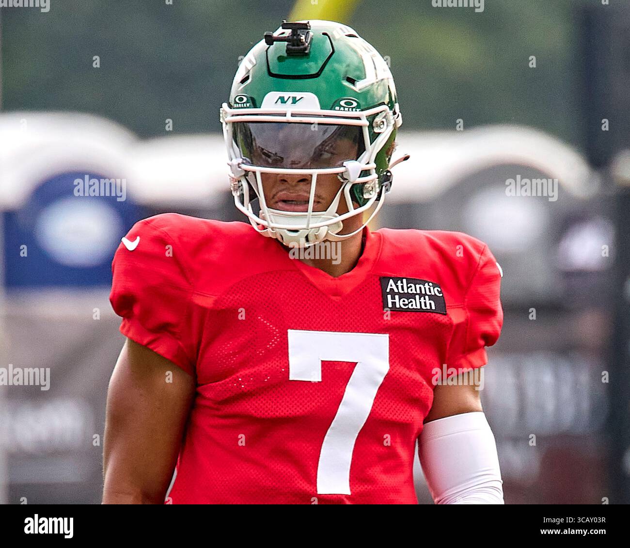New York Jets quarterback Justin Fields (7) during drills at training ...