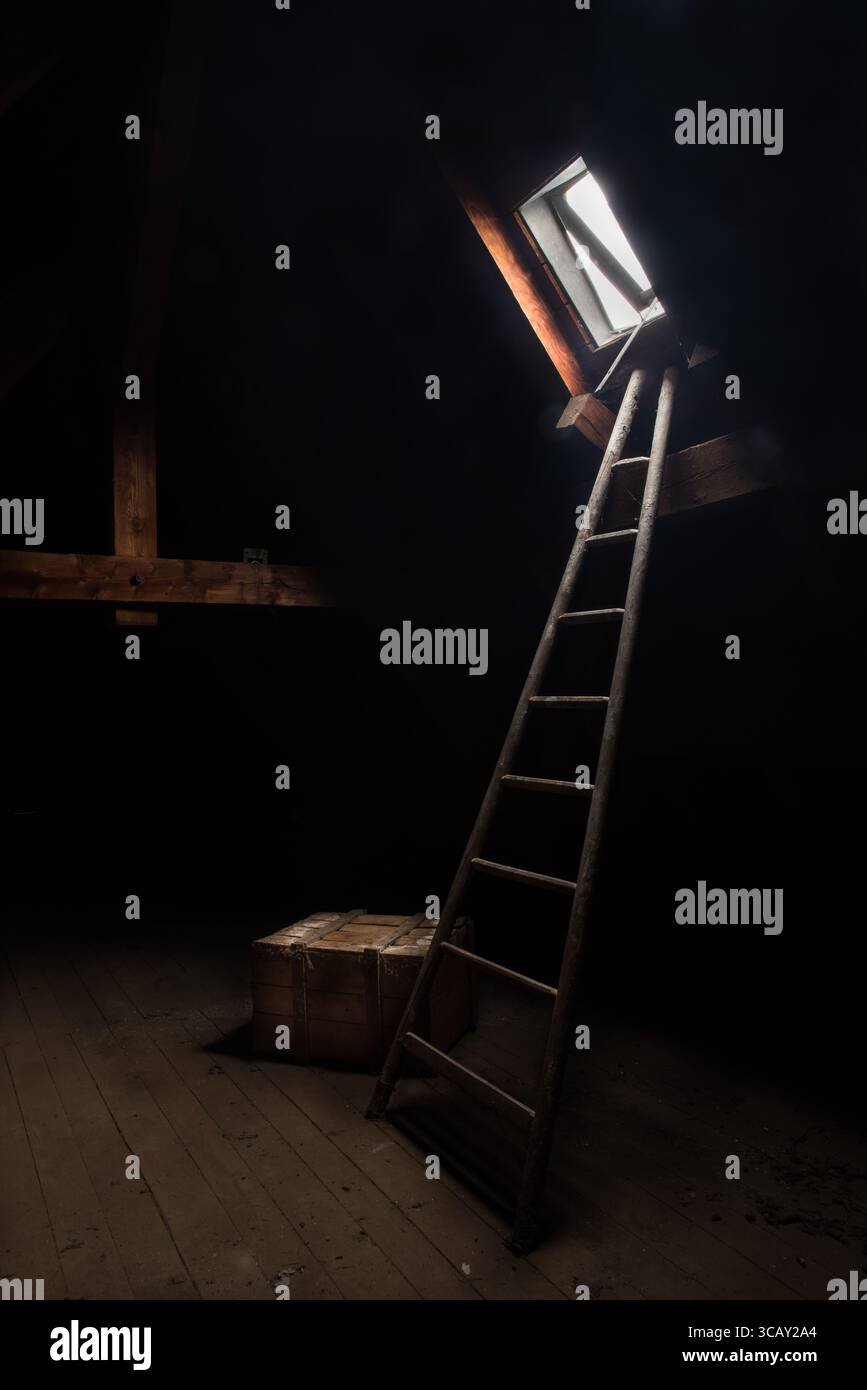 Dark abandoned attic with wooden ladder leading to a small open window ...