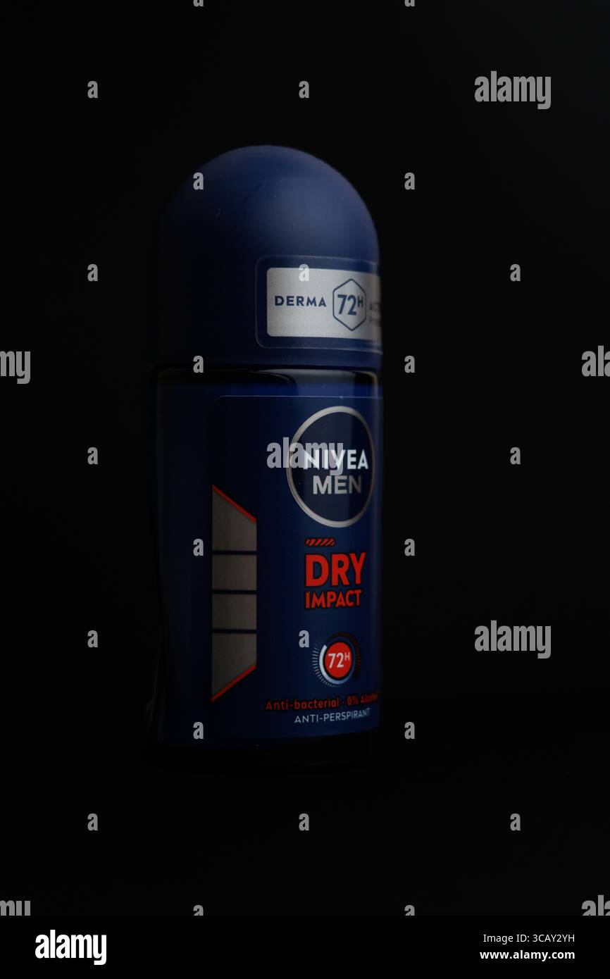 Nivea Men roll-on deodorant with a black background photographed in ...