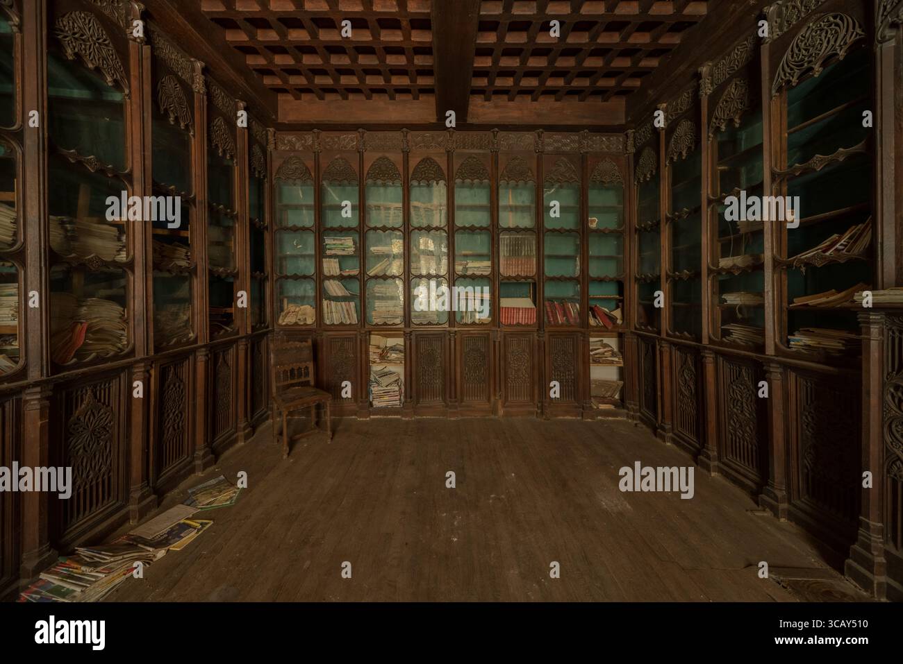 Abandoned vintage library room with ornate wooden shelves and scattered ...