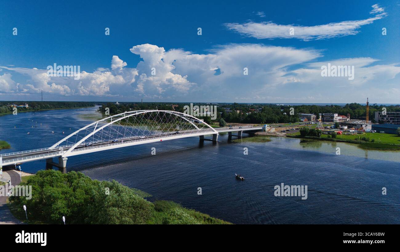 Modern White Bridge Over Pärnu River - Scenic Summer Drone View ...