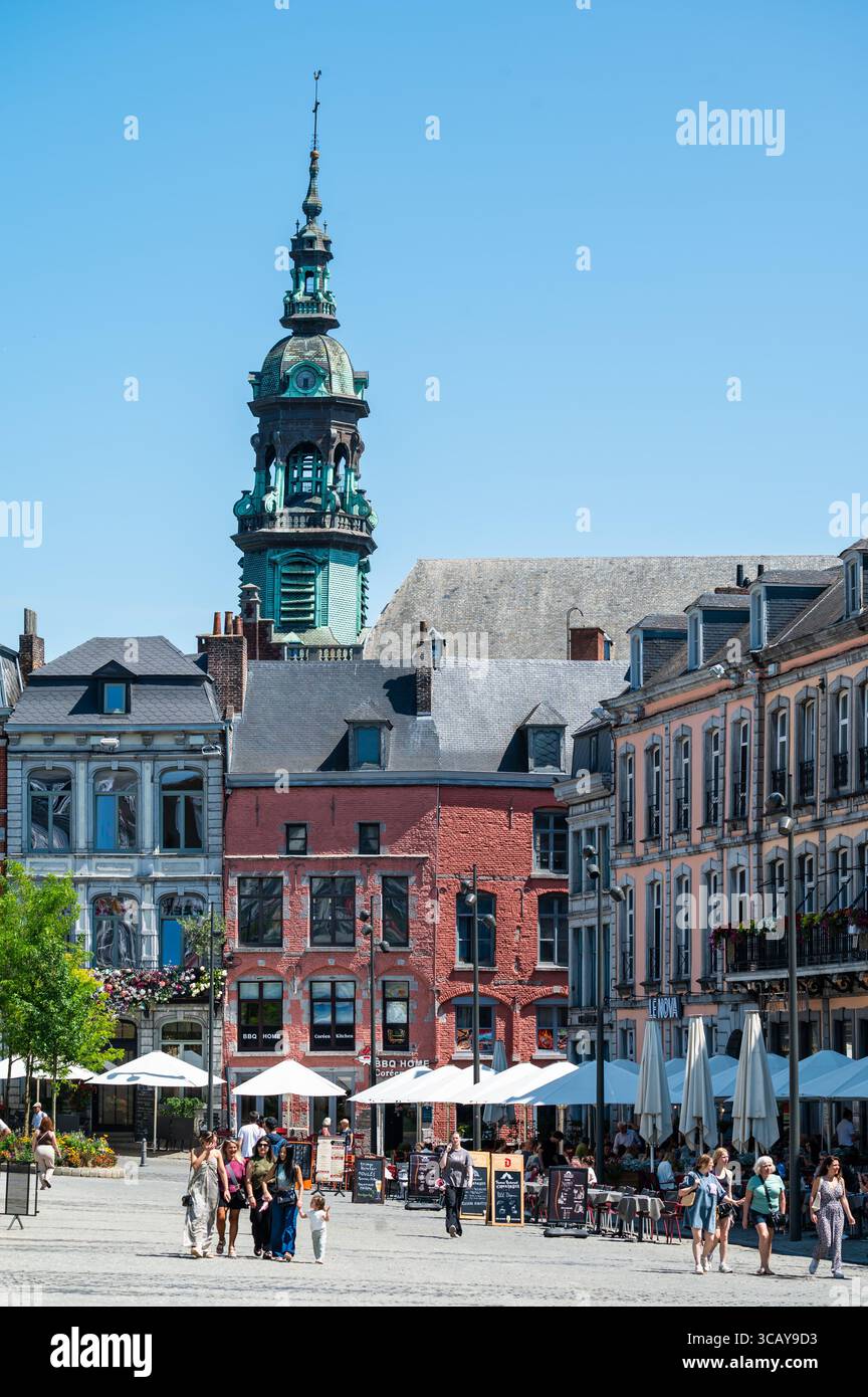 Historical monuments at the Grand Place or old market square of Mons ...