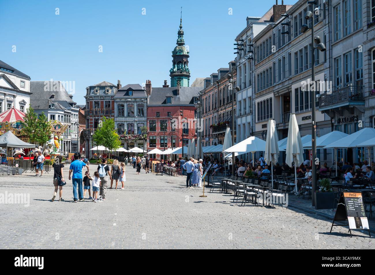 Historical monuments at the Grand Place or old market square of Mons ...
