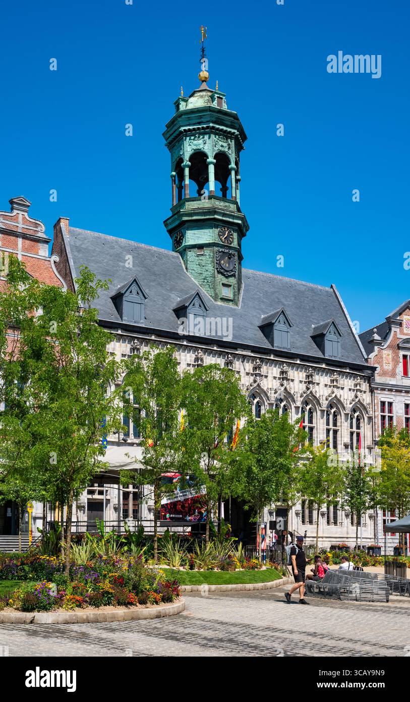 Historical monuments at the Grand Place or old market square of Mons ...