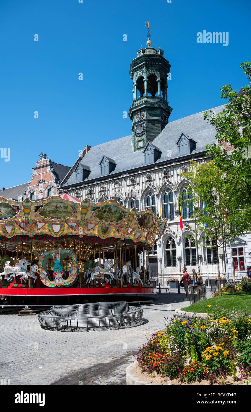 Historical monuments at the Grand Place or old market square of Mons ...