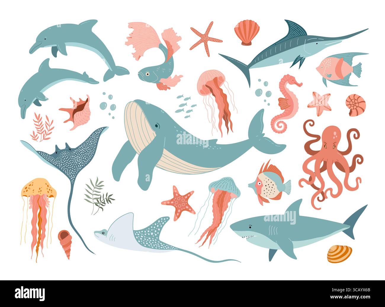 Set with hand drawn sea animals and elements. Dolphins, fish, shark ...