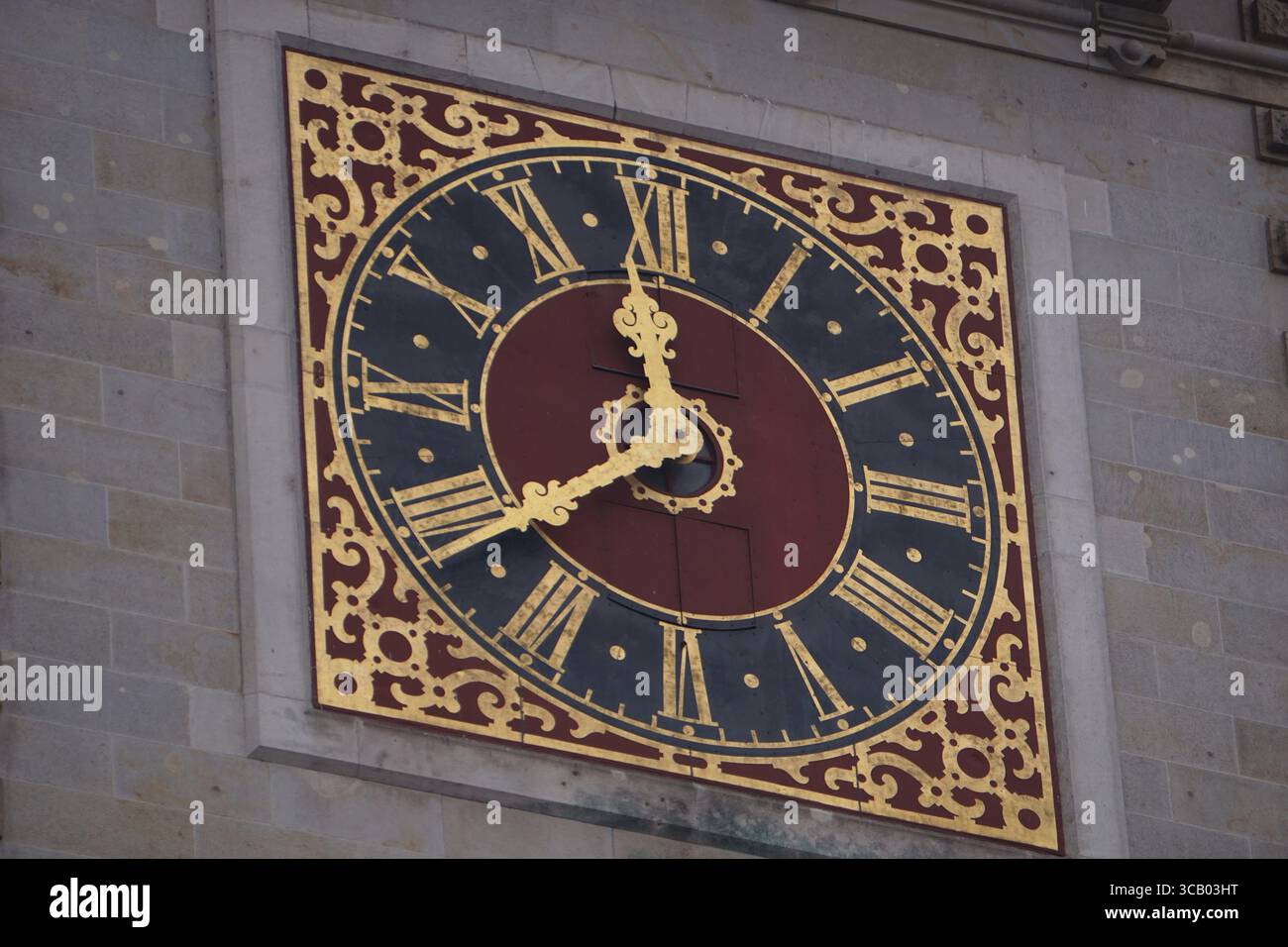 Close up of the historic clock on the Rathaus tower of the landmark ...