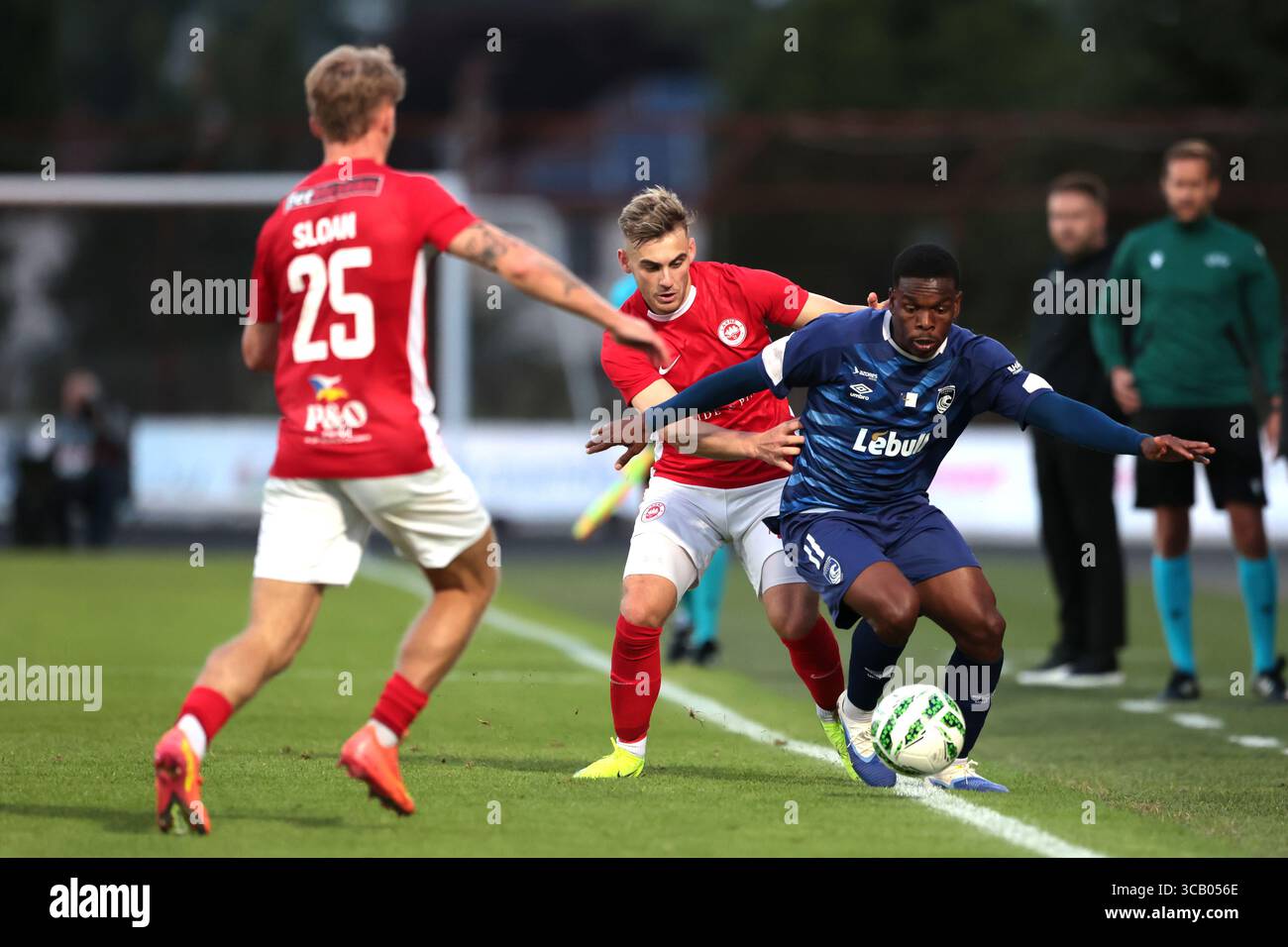 Santa Clara's Brenner (right) battles for the ball with Larne's Dylan ...