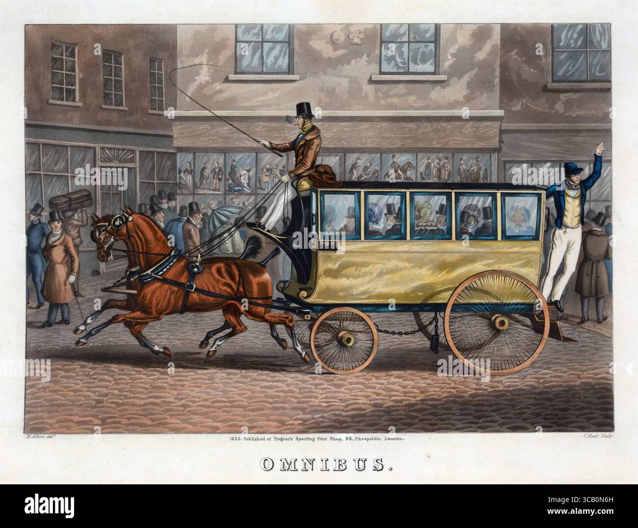 Hand coloured aquatint etching of The Omnibus 1835 by Charles Hunt, after Henry Thomas Alken art ...