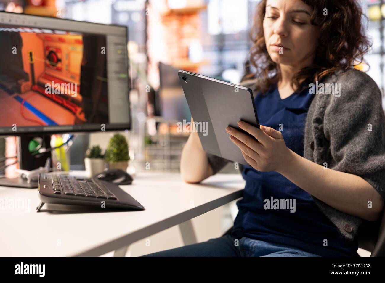 Young woman takes notes and uses AI chatbot to develop a sci fi game ...