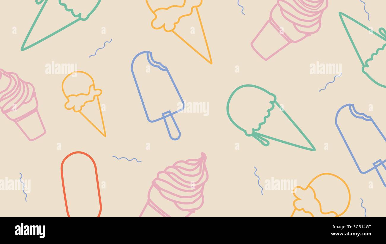 Cream-colored background with colorful popsicles and cones outlined in ...