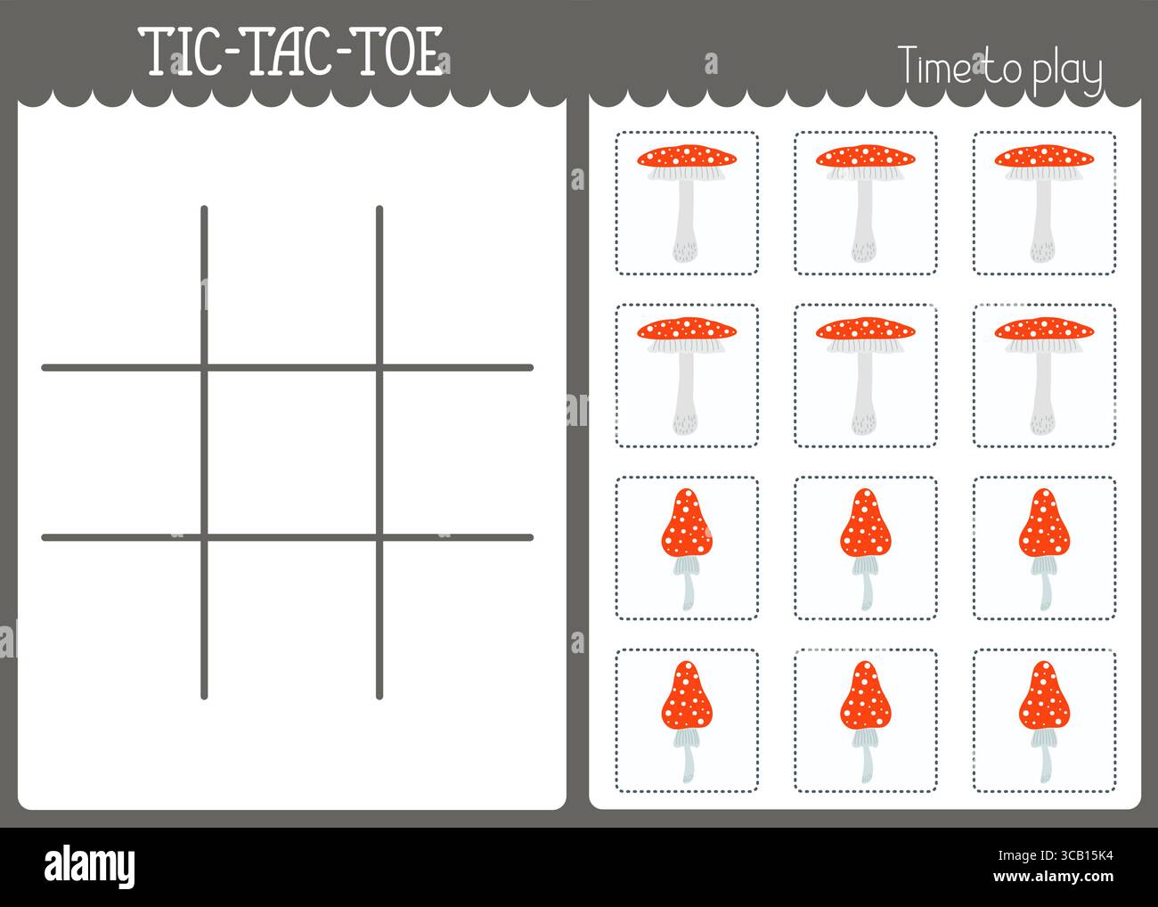 Tic-tac-toe or noughts and crosses kids game grid template, autumn mushrooms to cut out, fun ...