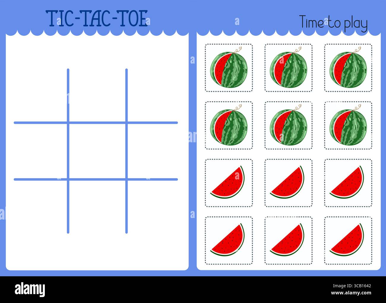 Tic-tac-toe or noughts and crosses kids game grid template, watermelon ...