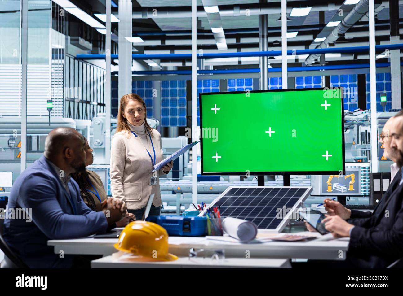 Manager does solar panels materials presentation to investor using ...