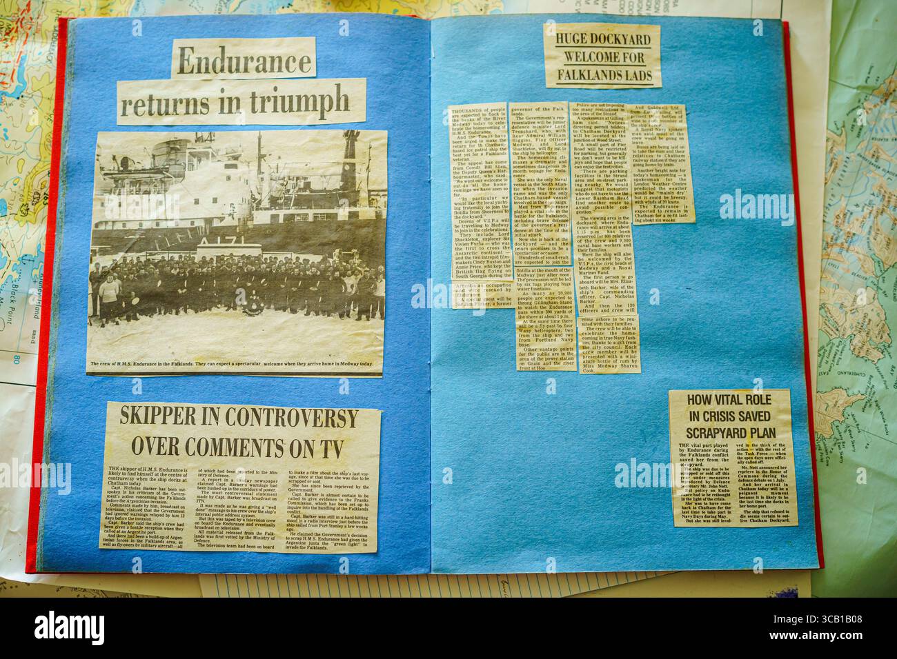 Old newspaper cuttings in a scrapbook belonging to Falklands War ...