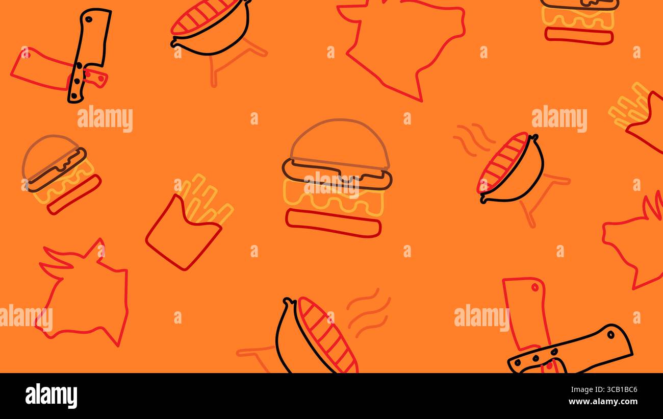 Orange background with burgers, grills, cleavers, fries, and cow icons ...