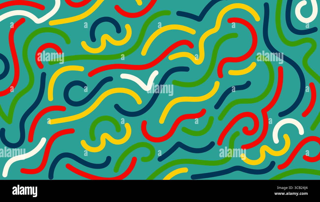 Energetic squiggly lines in green, yellow, red, and blue over aqua ...