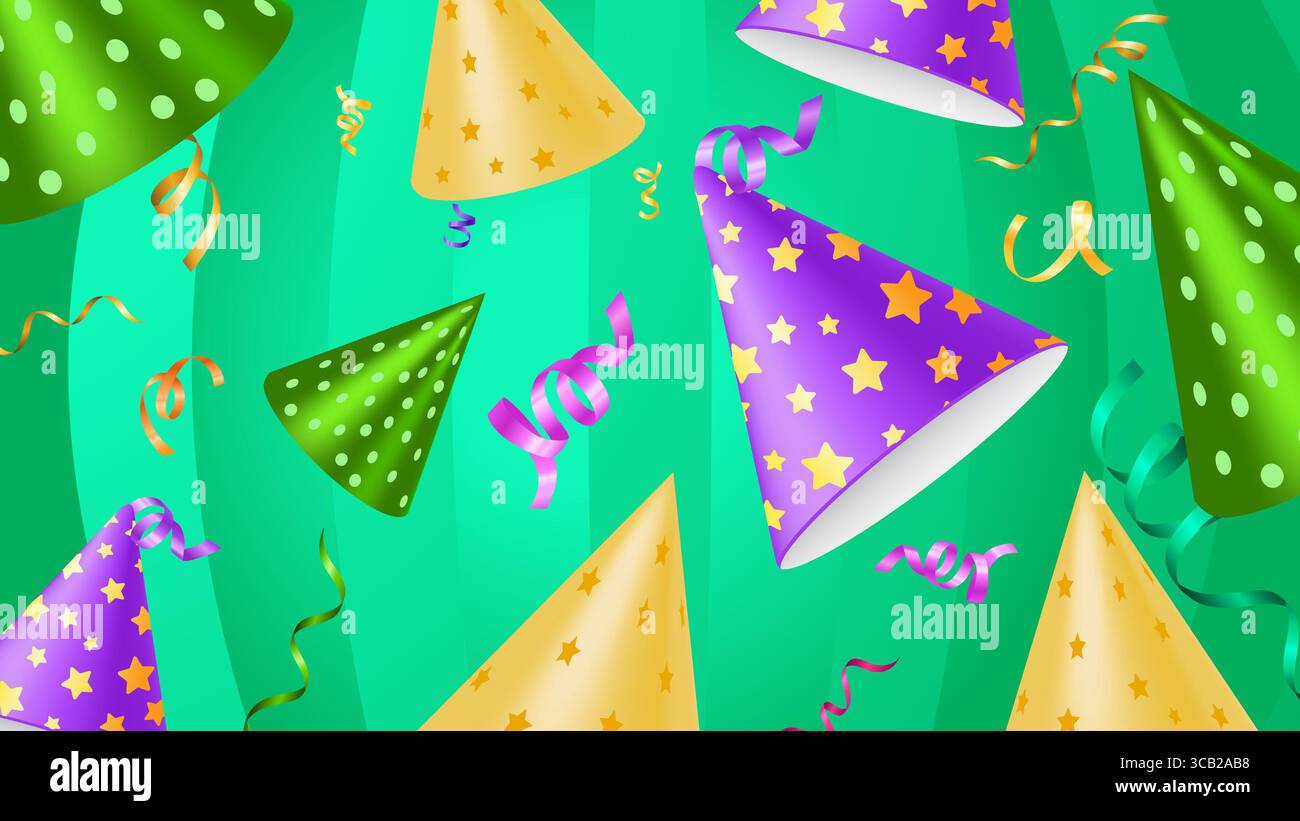 Floating party hats with stars and polka dots surrounded by swirling ...