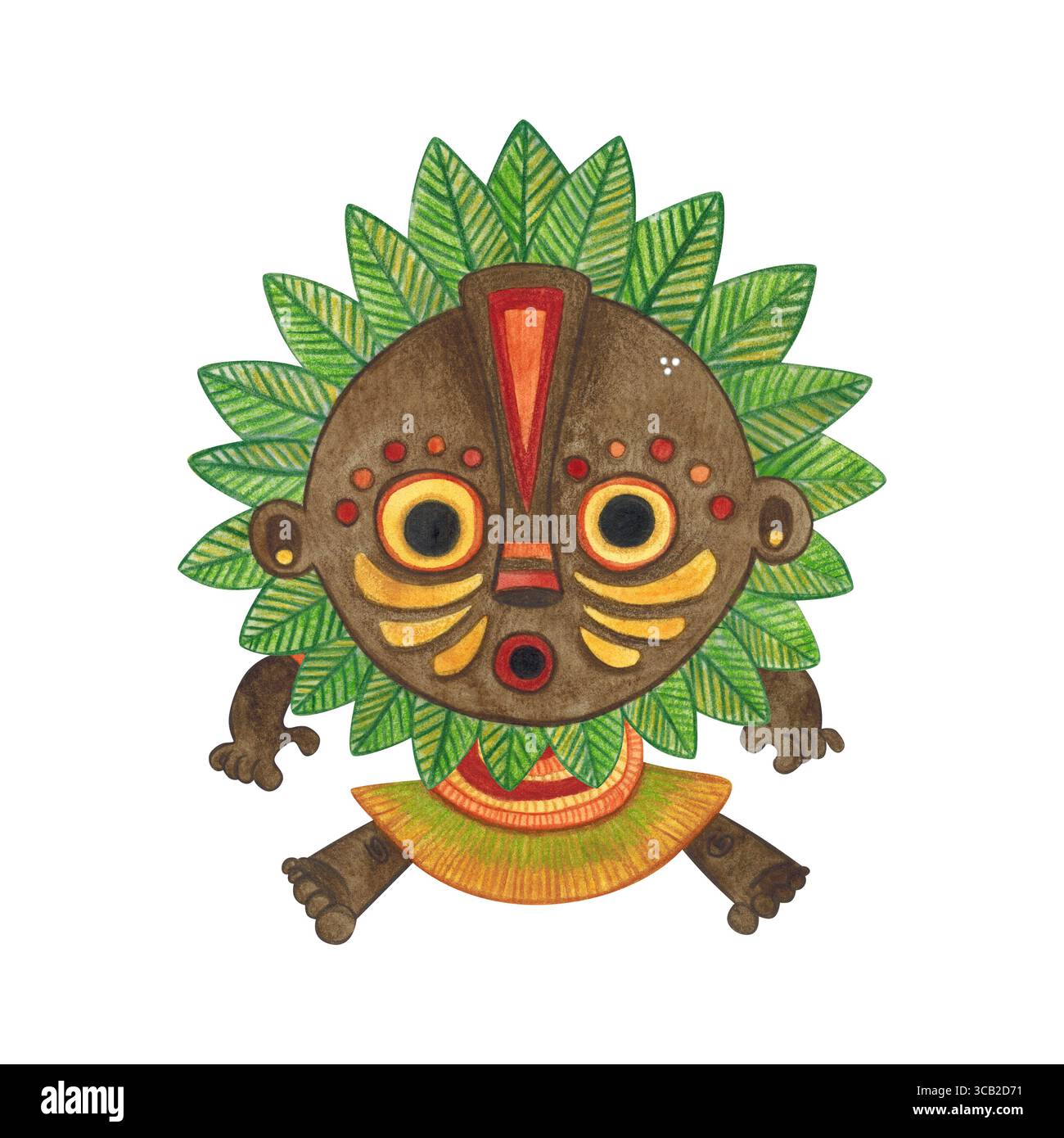 Jumping african aborigine in brown round mask with green leaves frame ...