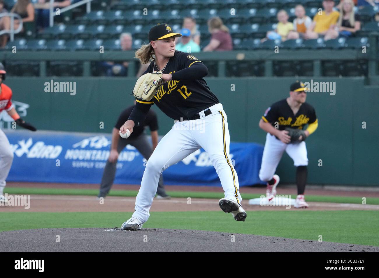 August 5 2025: Salt Lake pitcher Caden Dana (12) throws a pitch during ...