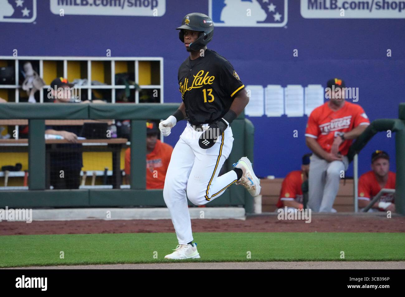 August 5 2025: Salt Lake third baseman Denzer Guzman (13) scores a run ...