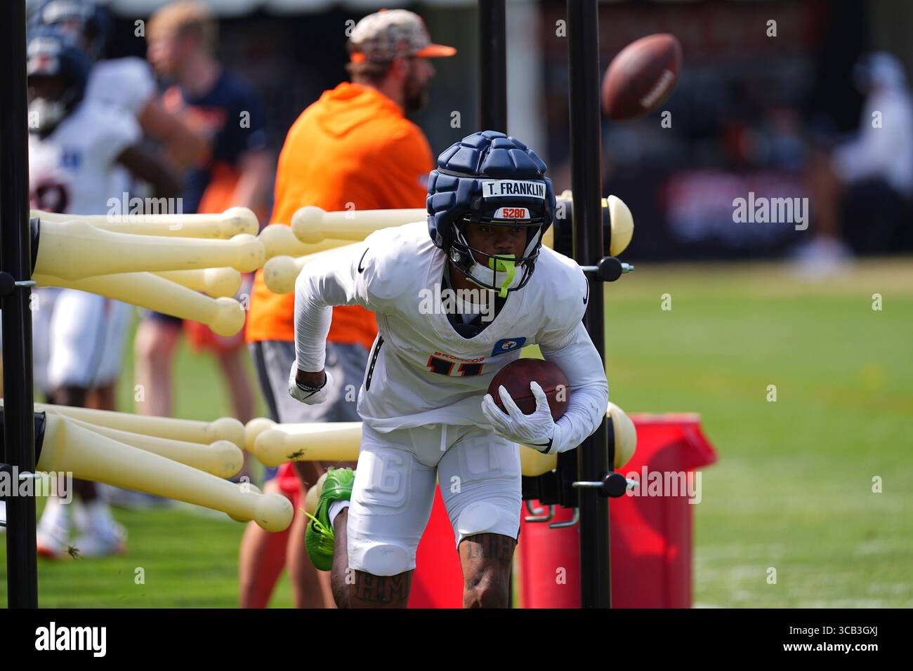 Denver Broncos wide receiver Troy Franklin (11) takes part in drills during an NFL football ...