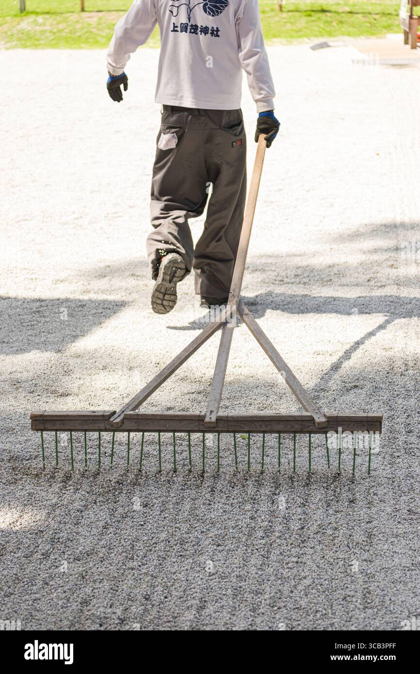 Rear view of a person raking gravel in a garden setting, creating a ...