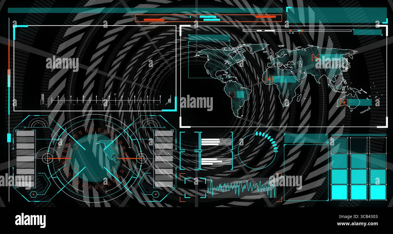 Displaying futuristic UI scanning streams on dashboard, with world map ...
