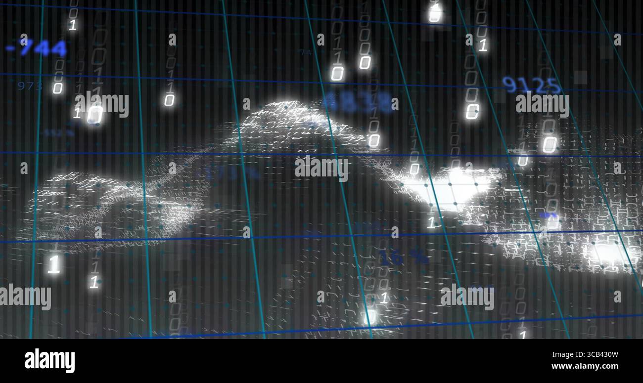 Displaying cascading binary streams forming lit mounds on teal grid in ...