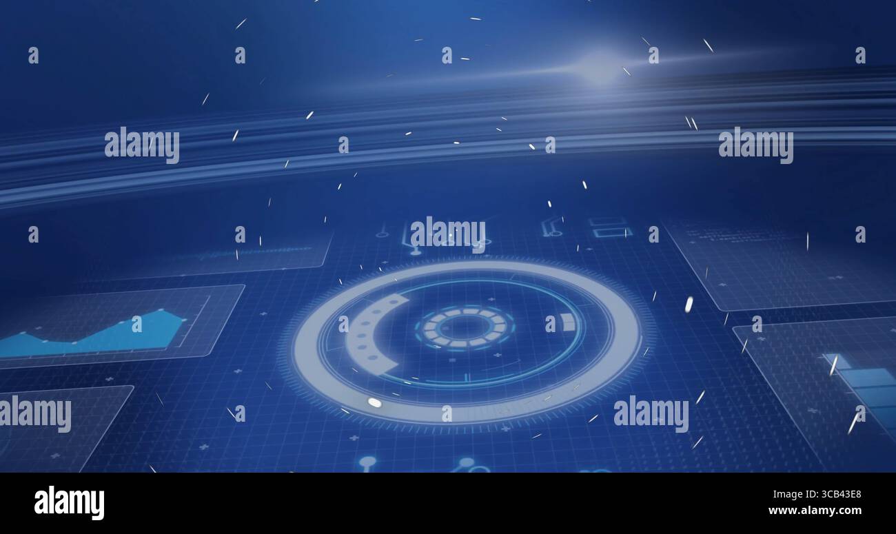 Displaying central circular HUD in tech control hub, with glowing ...