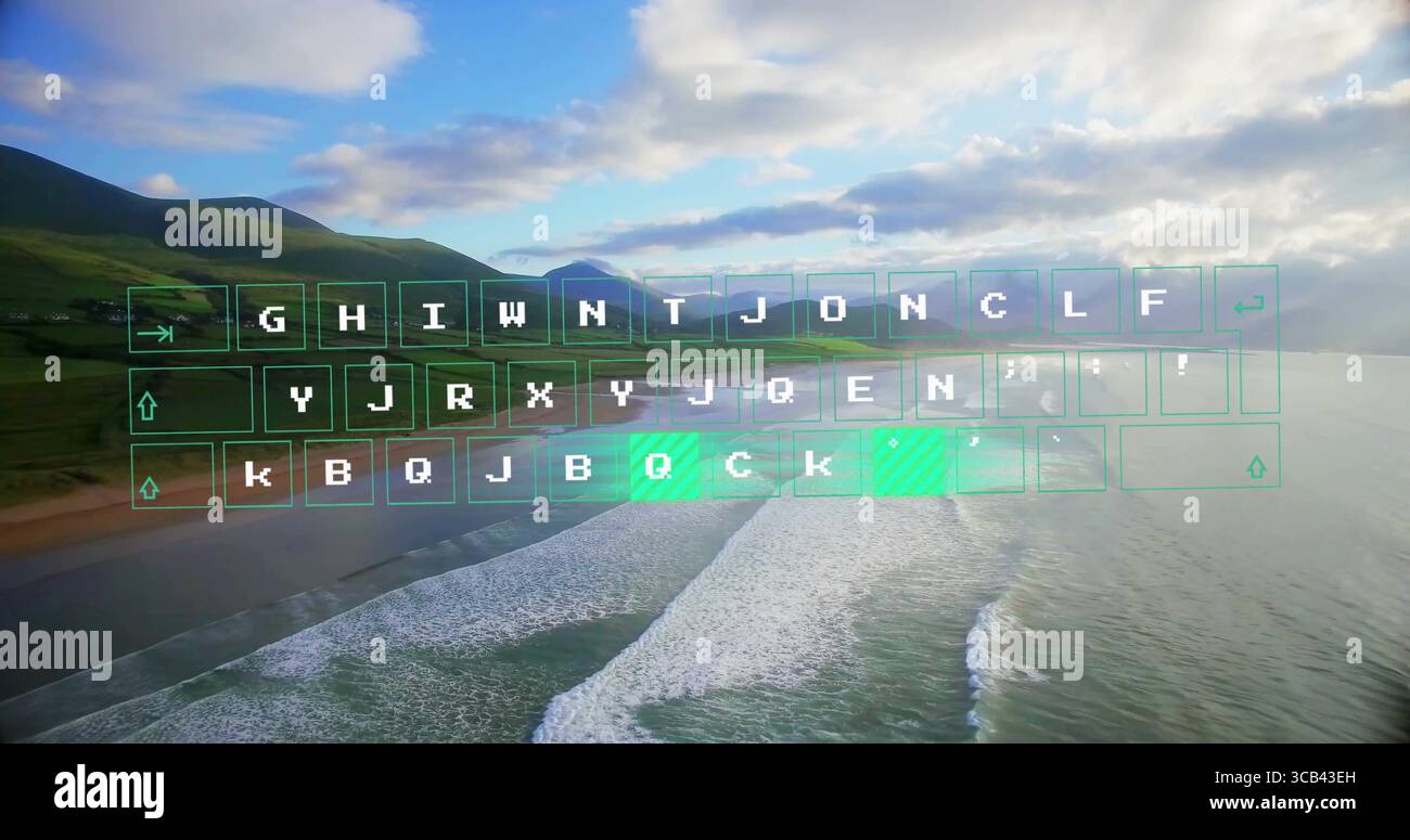 Displaying holographic keyboard over hills waves, with green keys, key ...
