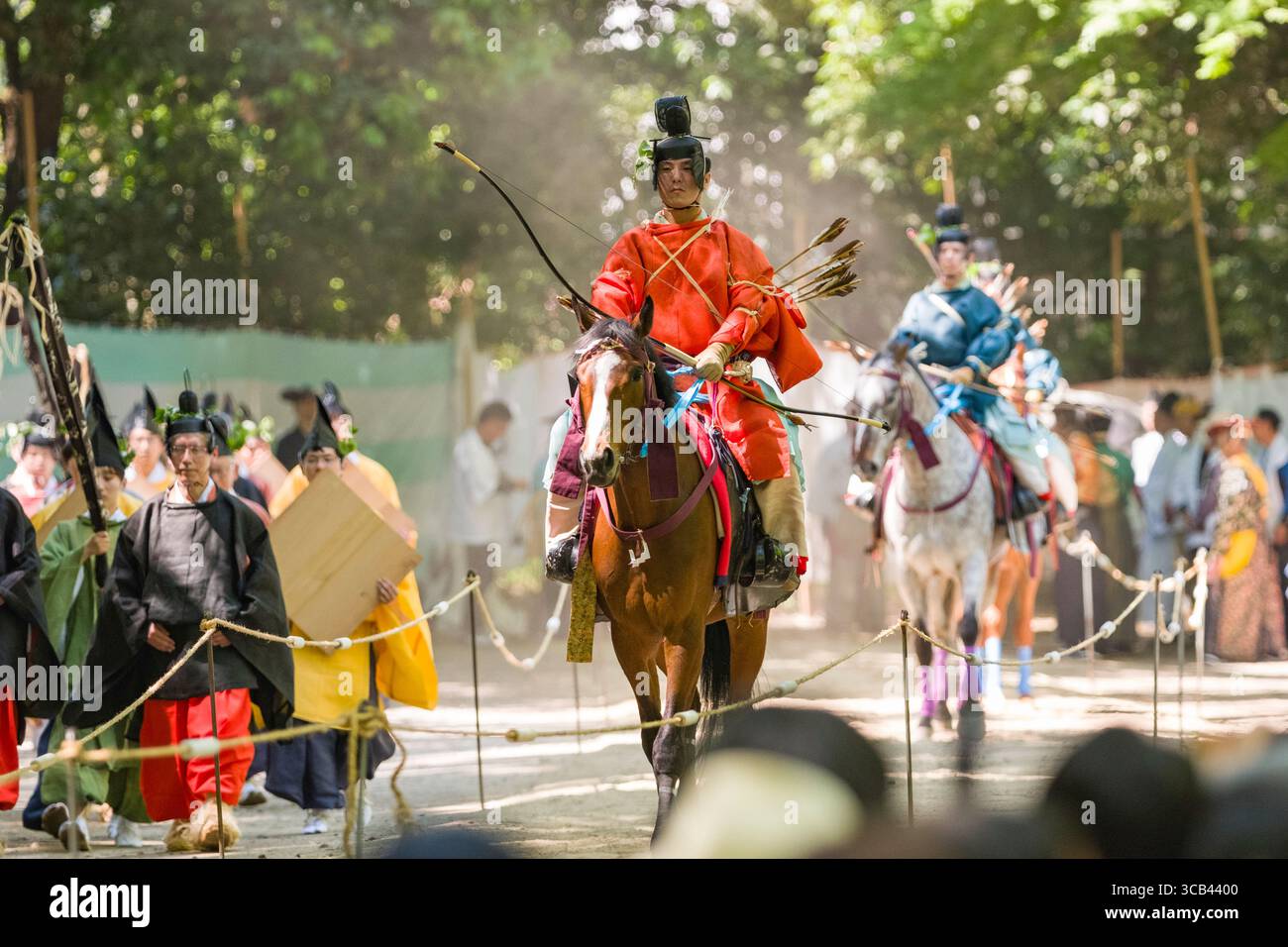 A ceremonial display of traditional Yabusame archery with riders on ...
