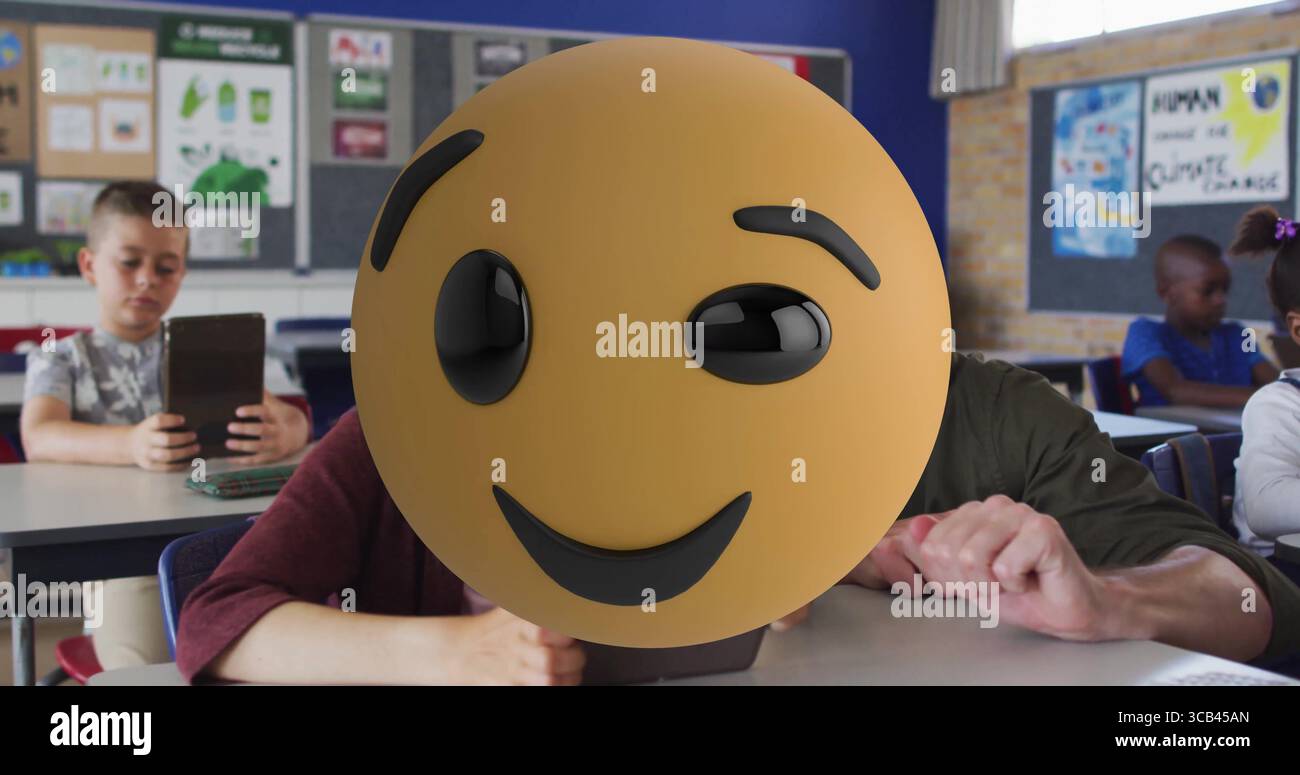 Holding tablet with smiley emoji teacher guiding students using tablets ...