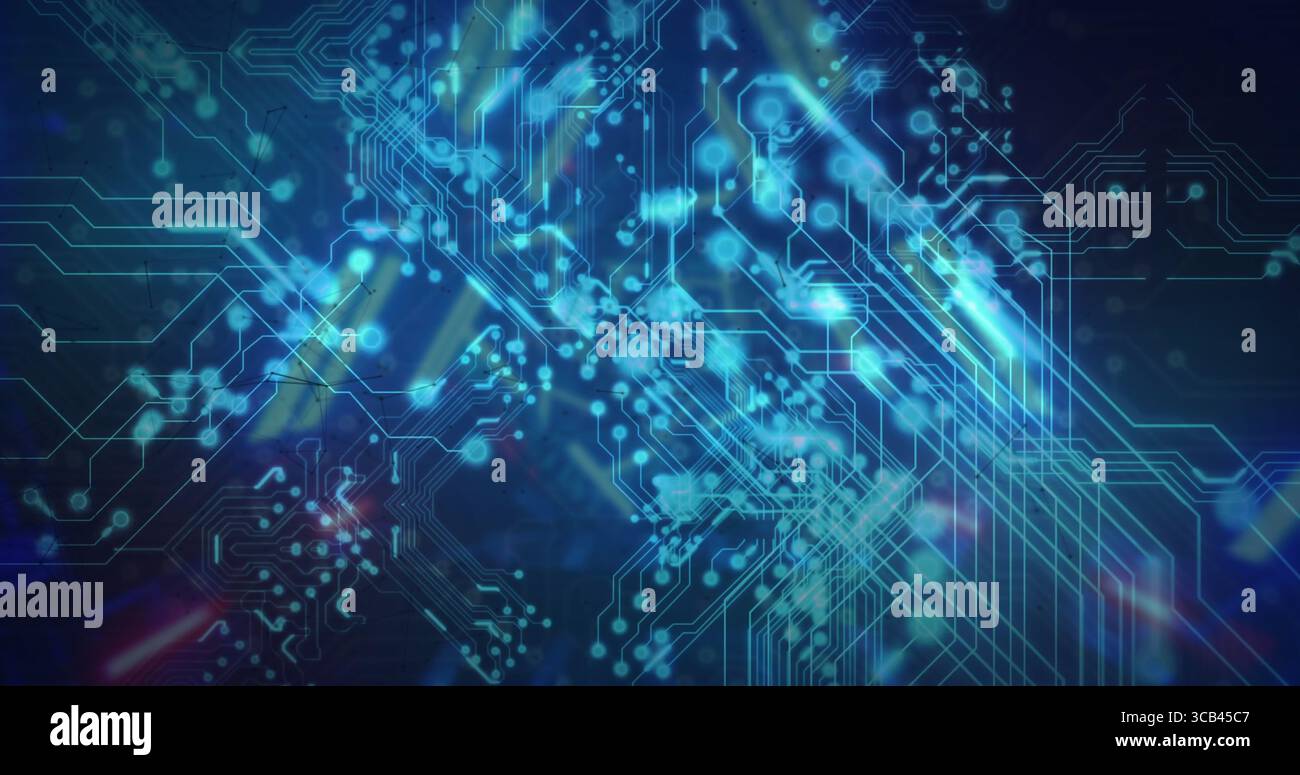 Displaying glowing blue circuit traces on dark interface, with glowing ...