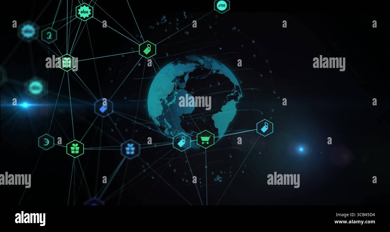 Glowing wireframe Earth radiating lines in interface with hexagonal ...