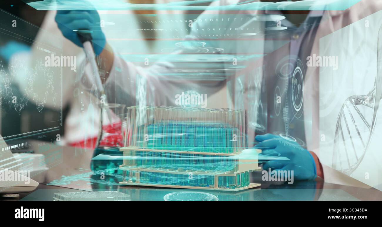 Transferring red liquid scientist in lab coat using pipette at bench ...