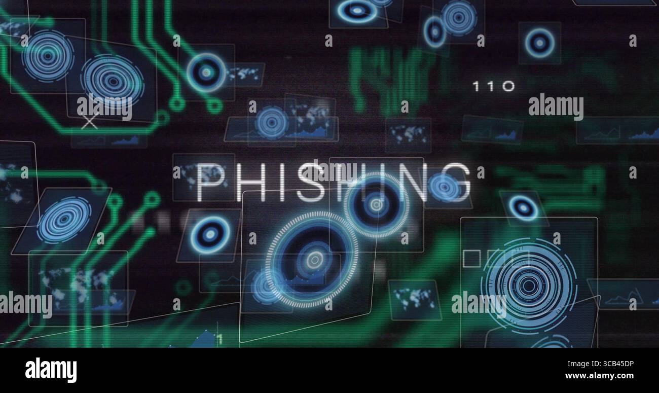 Depicting PHISHING text glowing with blue target overlays on control ...