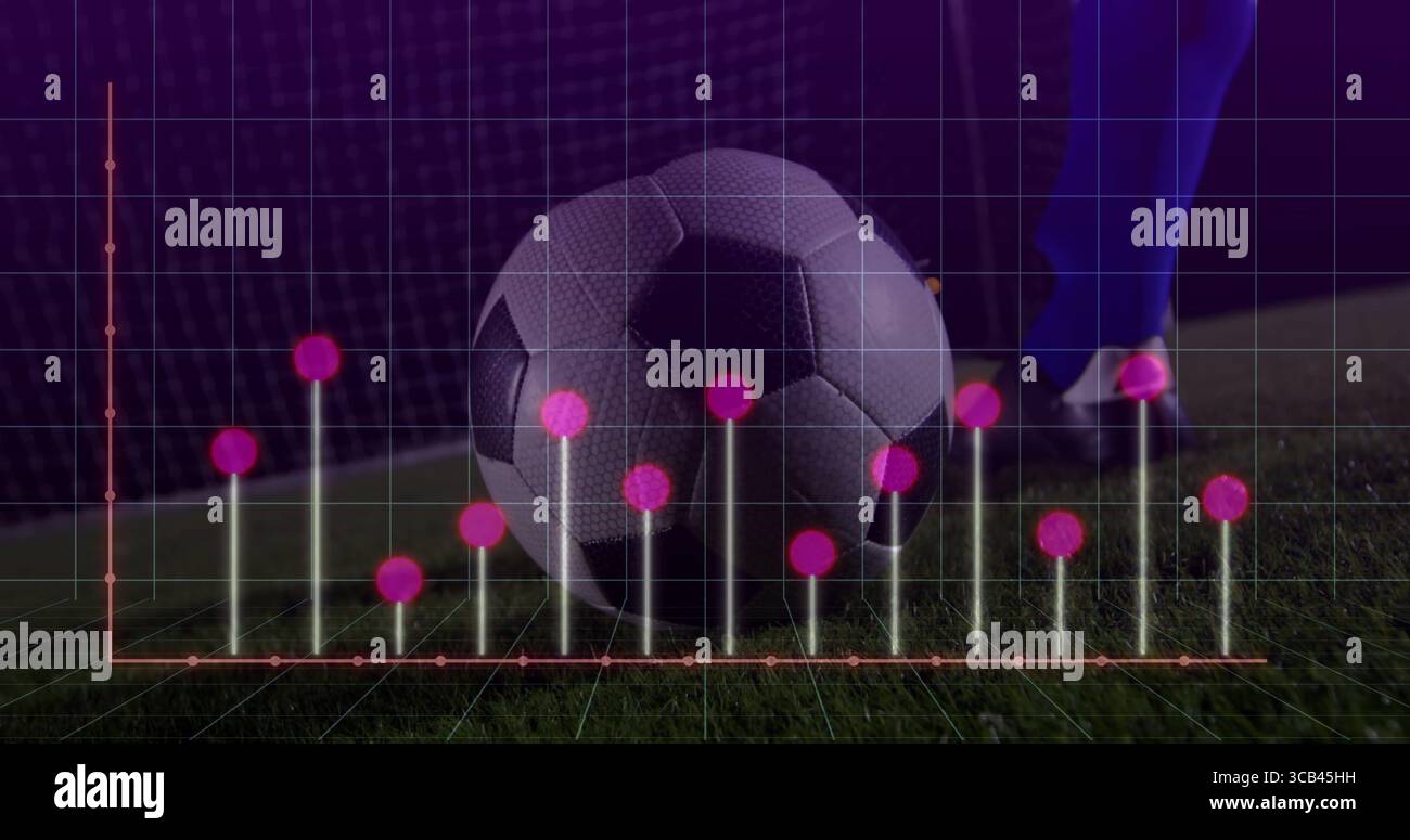 Sitting soccer ball waiting on grass pitch, with goal net and magenta ...