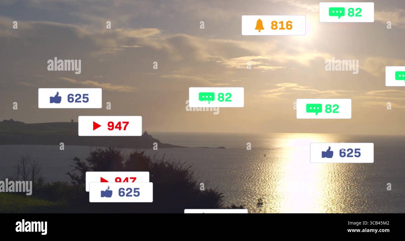 Showing sea reflecting sunlight at coast, with floating reaction icons ...