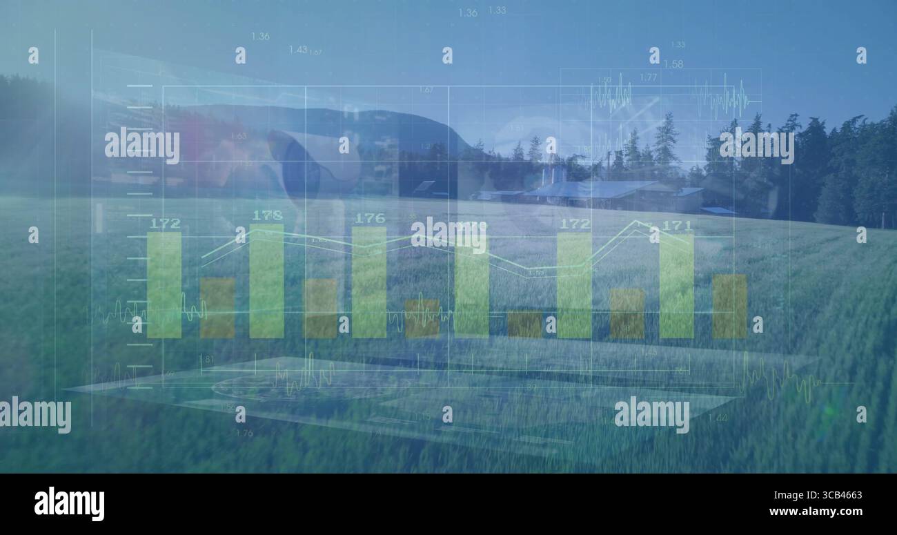 Displaying translucent green bar chart with white line graph over rural ...