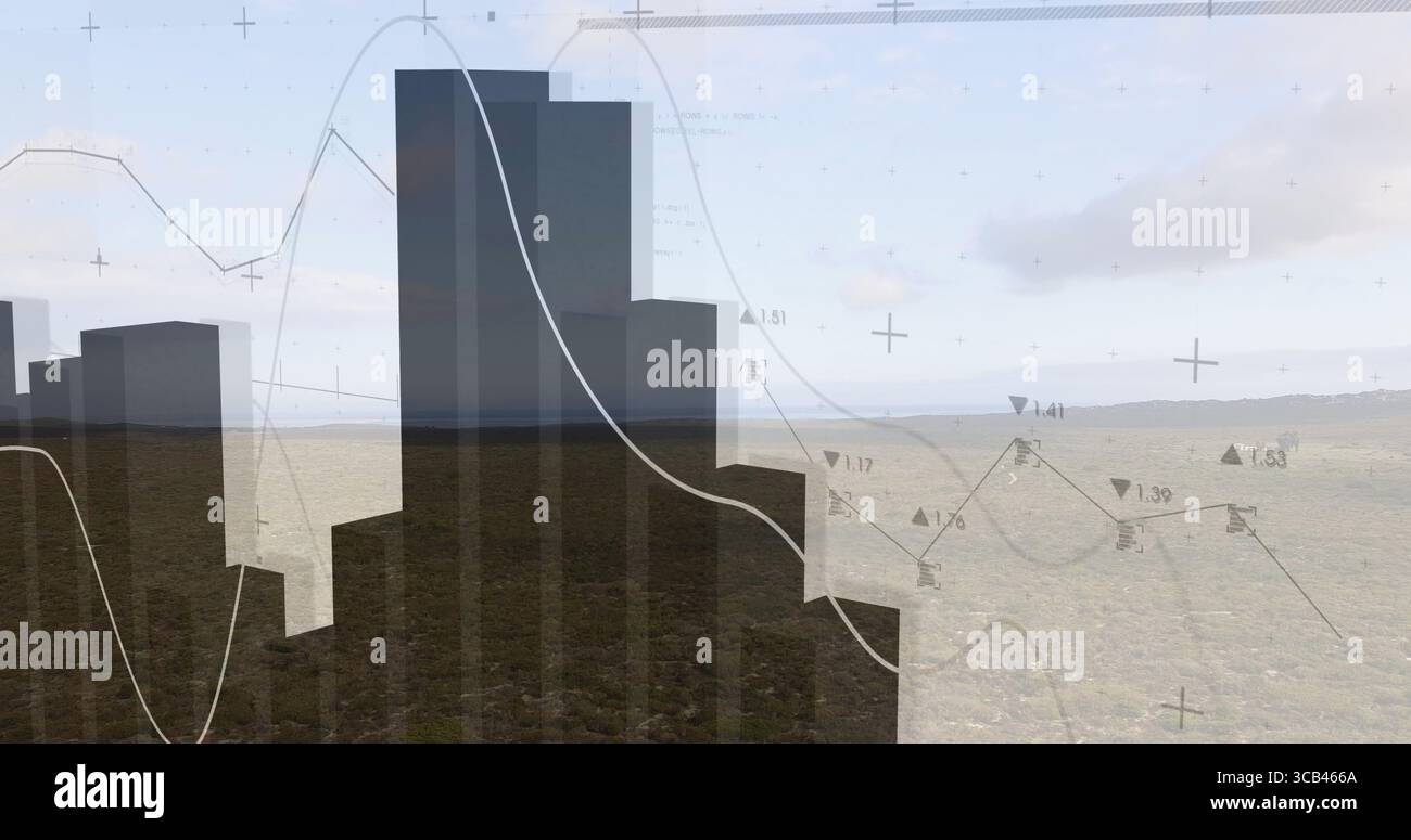 Displaying bar chart silhouettes rising over arid plain, with curved ...