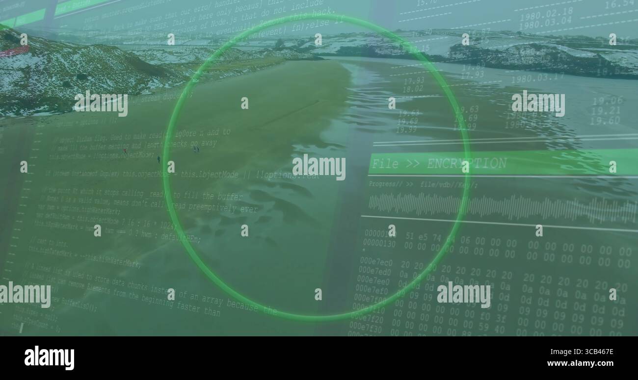 Overlaying green HUD highlighting File ENCRYPTION panel over beach ...