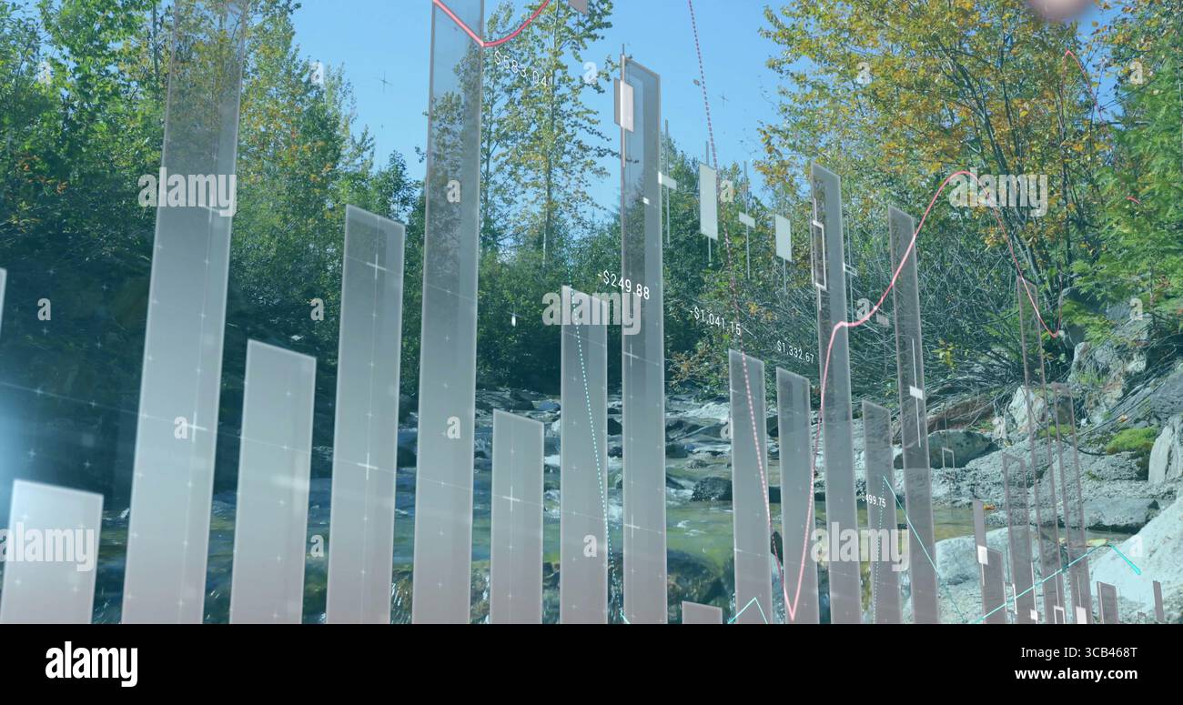 Displaying transparent financial bar charts and line graphs over ...