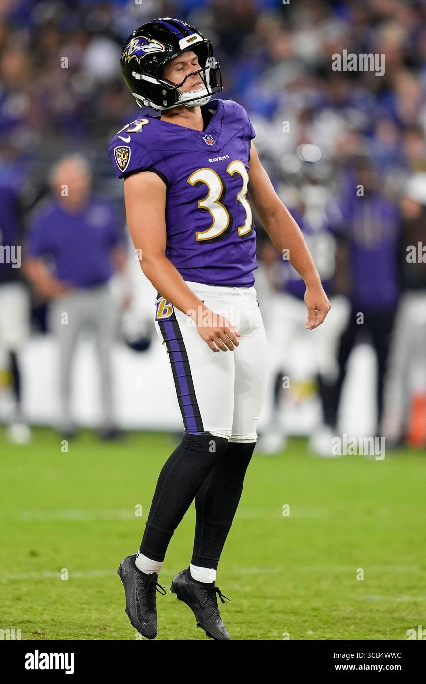 Baltimore Ravens kicker Tyler Loop reacts after missing a field goal ...