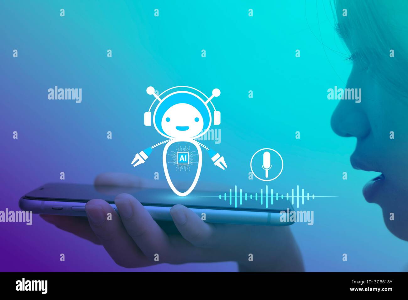 Conceptual of a woman speaking into a smartphone using AI voice assistant. Digital interface ...