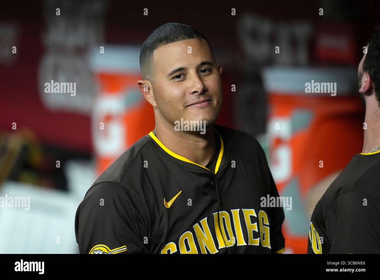 San Diego Padres' Manny Machado pauses in the team dugout prior to a ...
